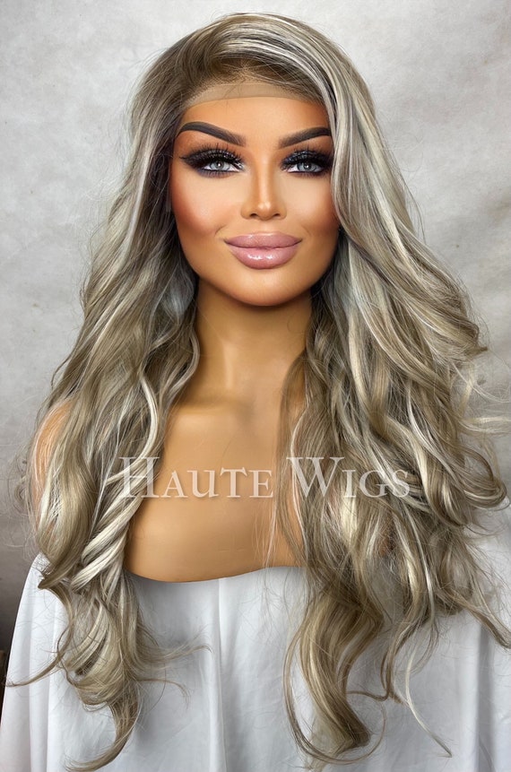 Free Part Ash Blonde Brunette Wig With Blonde Highlights Lowlights Streaks Long Straight Womens Wig Human Hair Blends Lace Front Realistic Etsy