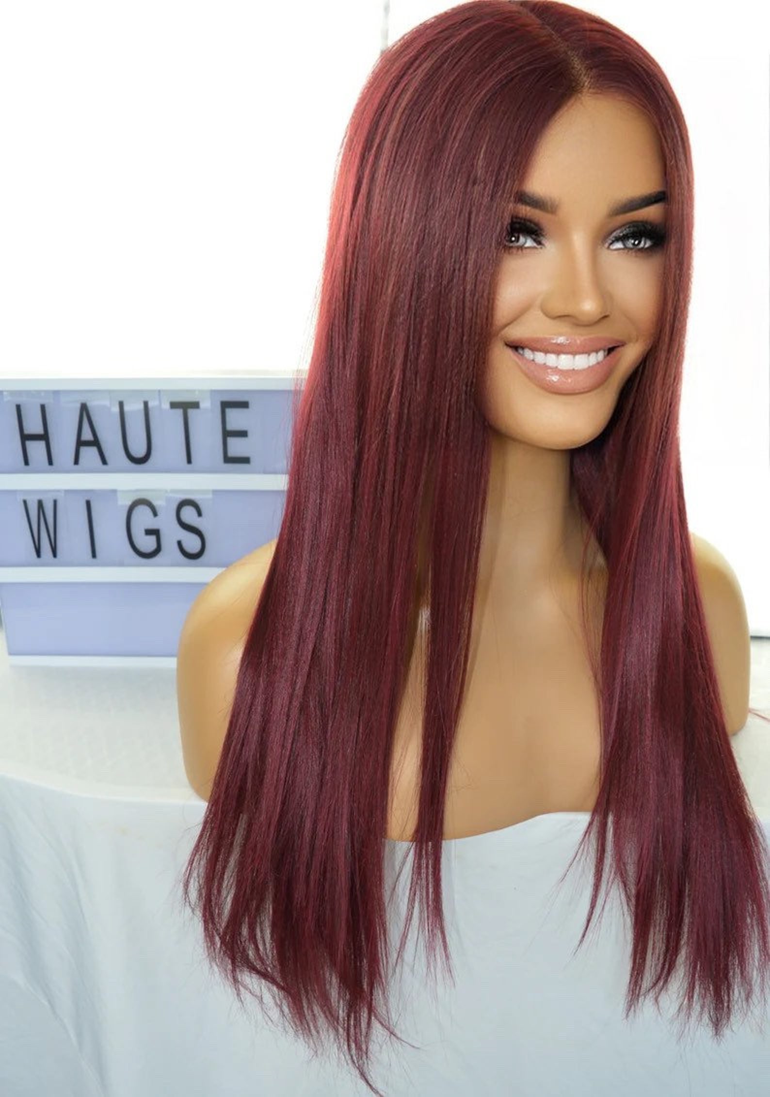 26 Inch Maroon Deep Red Wig Long Straight Womens Wig Human - Etsy