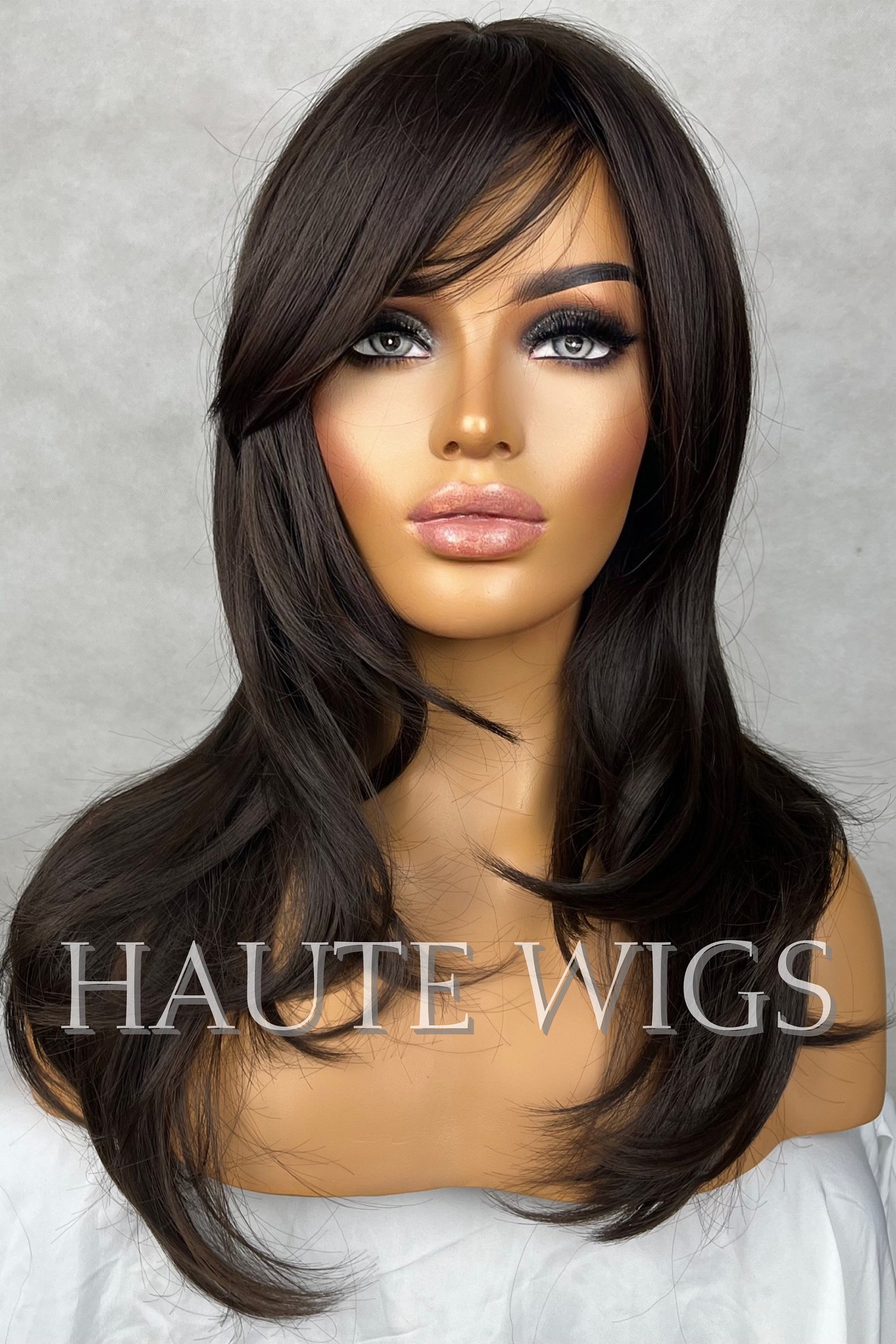 1996 - 90s Inspired Layered Hair Wig Dark Warm Brown With Bangs ...