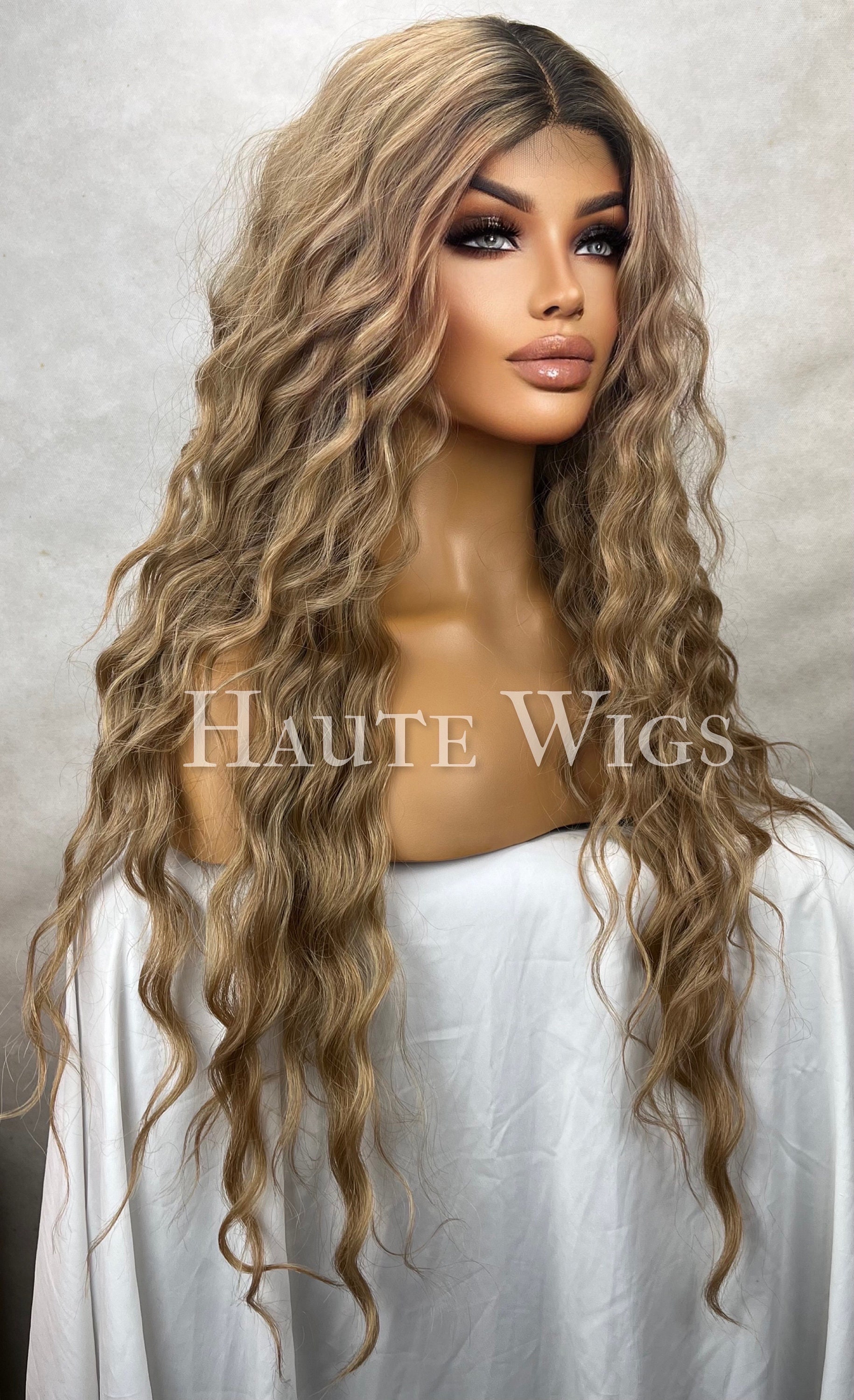 Butterscotch - Honey Blonde Brown Ombré Curly Wavy Water Waves Wig Lace ...