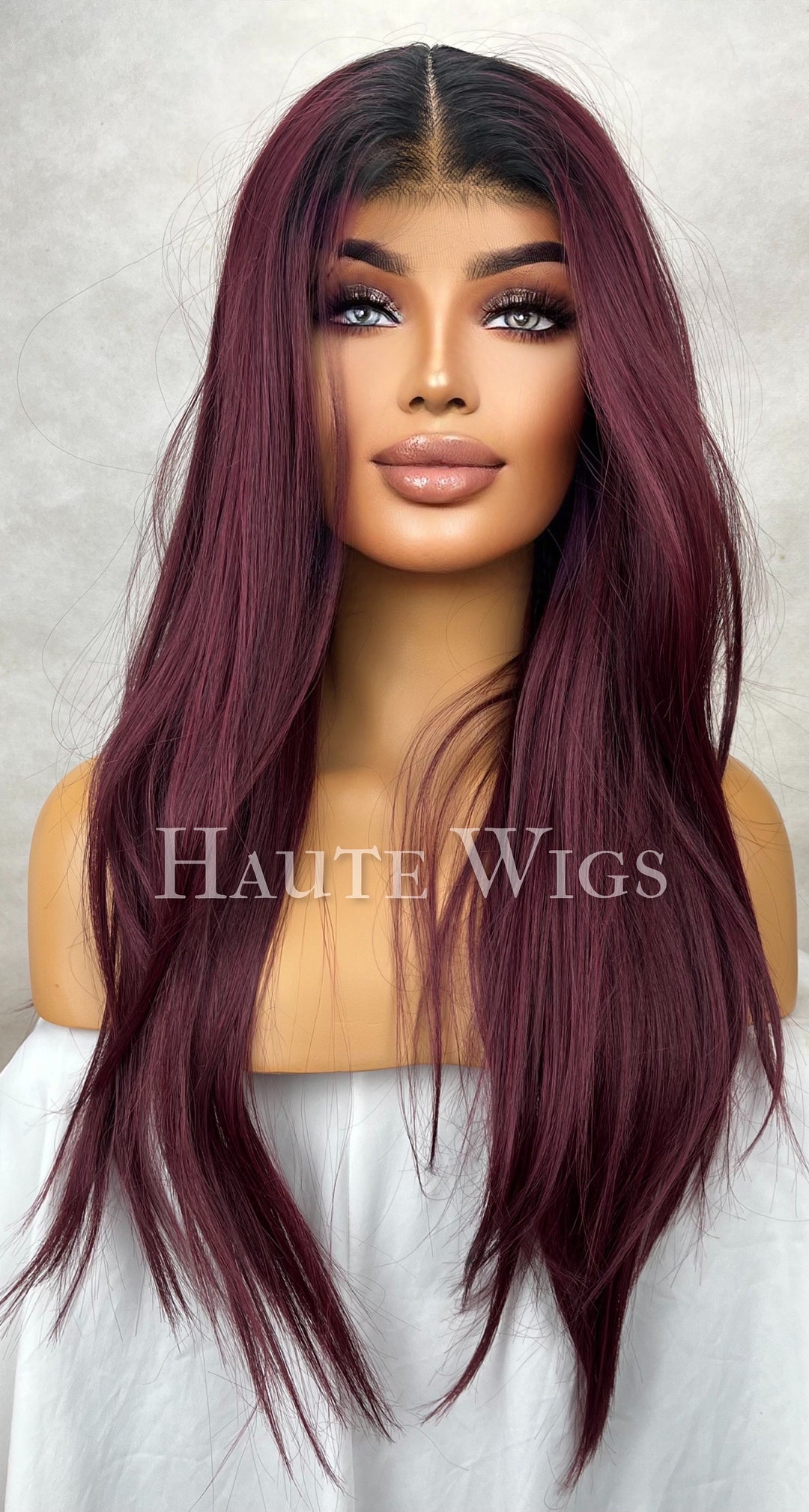 Dark Cherry Ombré 26 Inch Maroon Deep Red Wig Long Straight Womens Wig ...