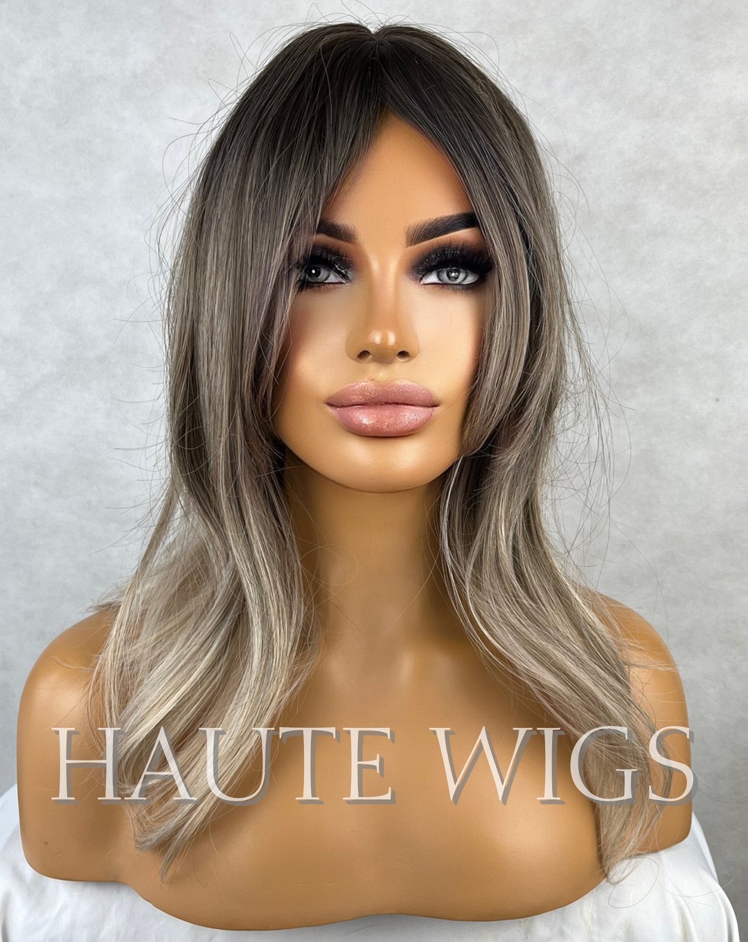 14 Inch Ash Blonde Brown Cool Toned Dirty Ombre Brown Wig With Fringe Bangs Center Parting Short ...