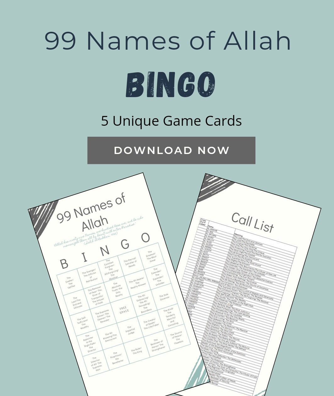 99 Names of Allah SWT Bingo Game (5 Unique Cards) Ramadan Eid Game ...