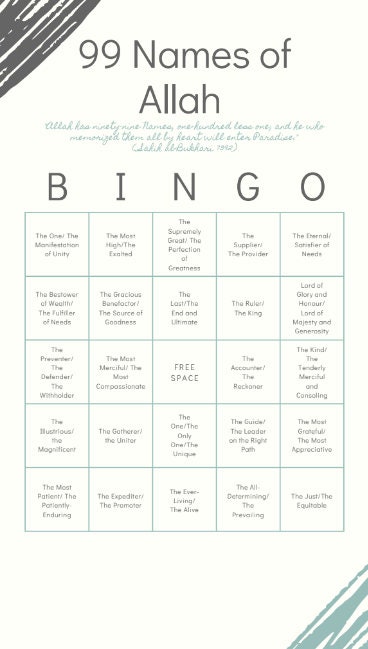 99 Names of Allah SWT Bingo Game (5 Unique Cards) Ramadan Eid Game ...