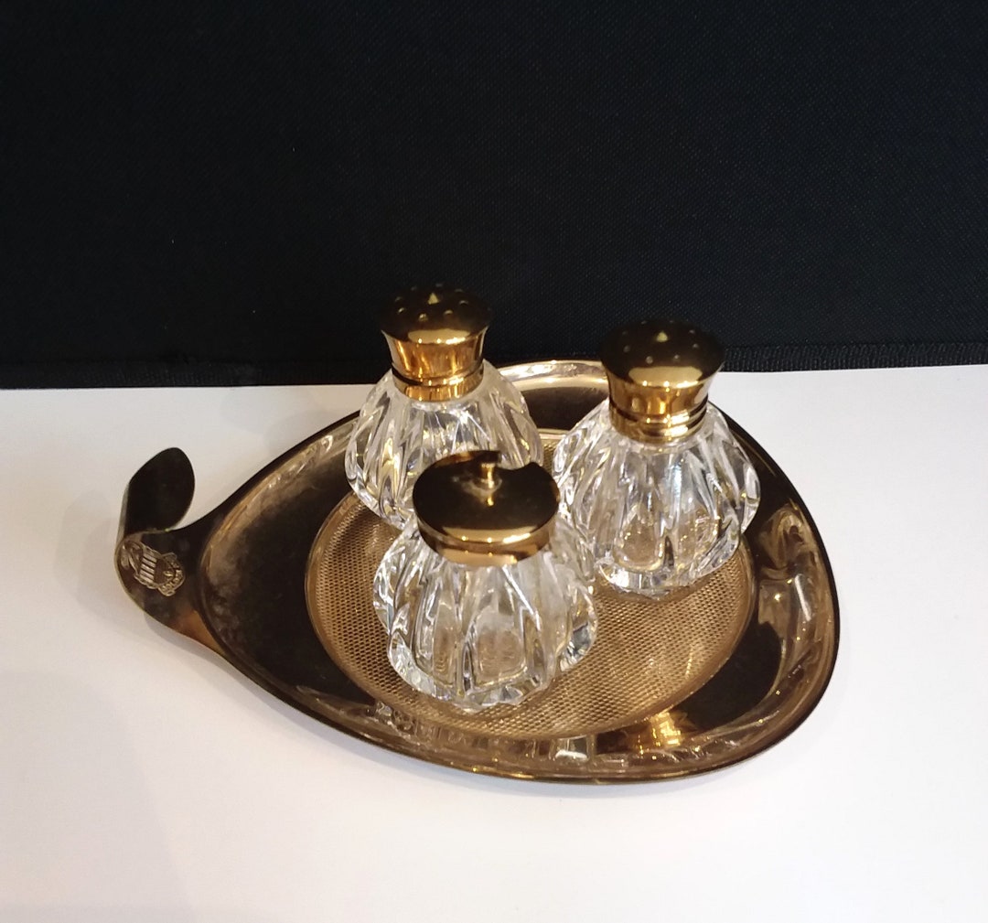 Salt, Pepper, Mustard Set, Cut Glass and Brushed Metal Tops and Carry Tray. Golden Age. - Etsy