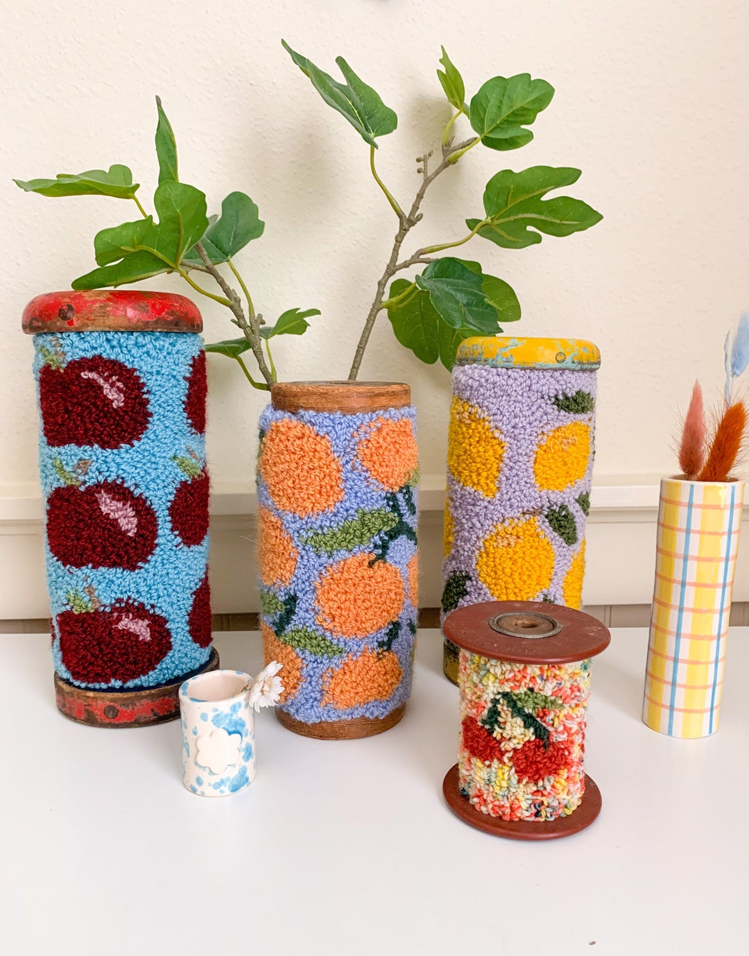 Vintage Fruit Wood Spools Punch Needle Fruit Artwork Rustic Farmhouse ...