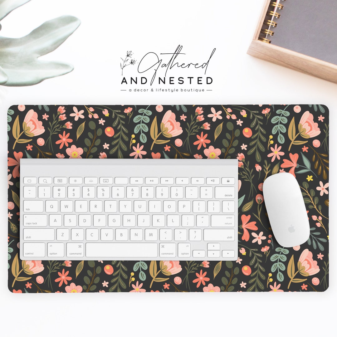 Desk Mat - Modern Pretty Florals on Black - Stylish Decor for Your Work ...