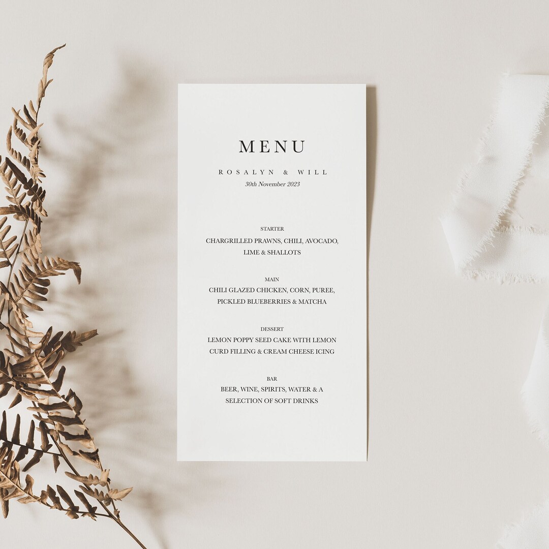 Classic Wedding Menu Template, Elegant Wedding Menu, Modern Script ...