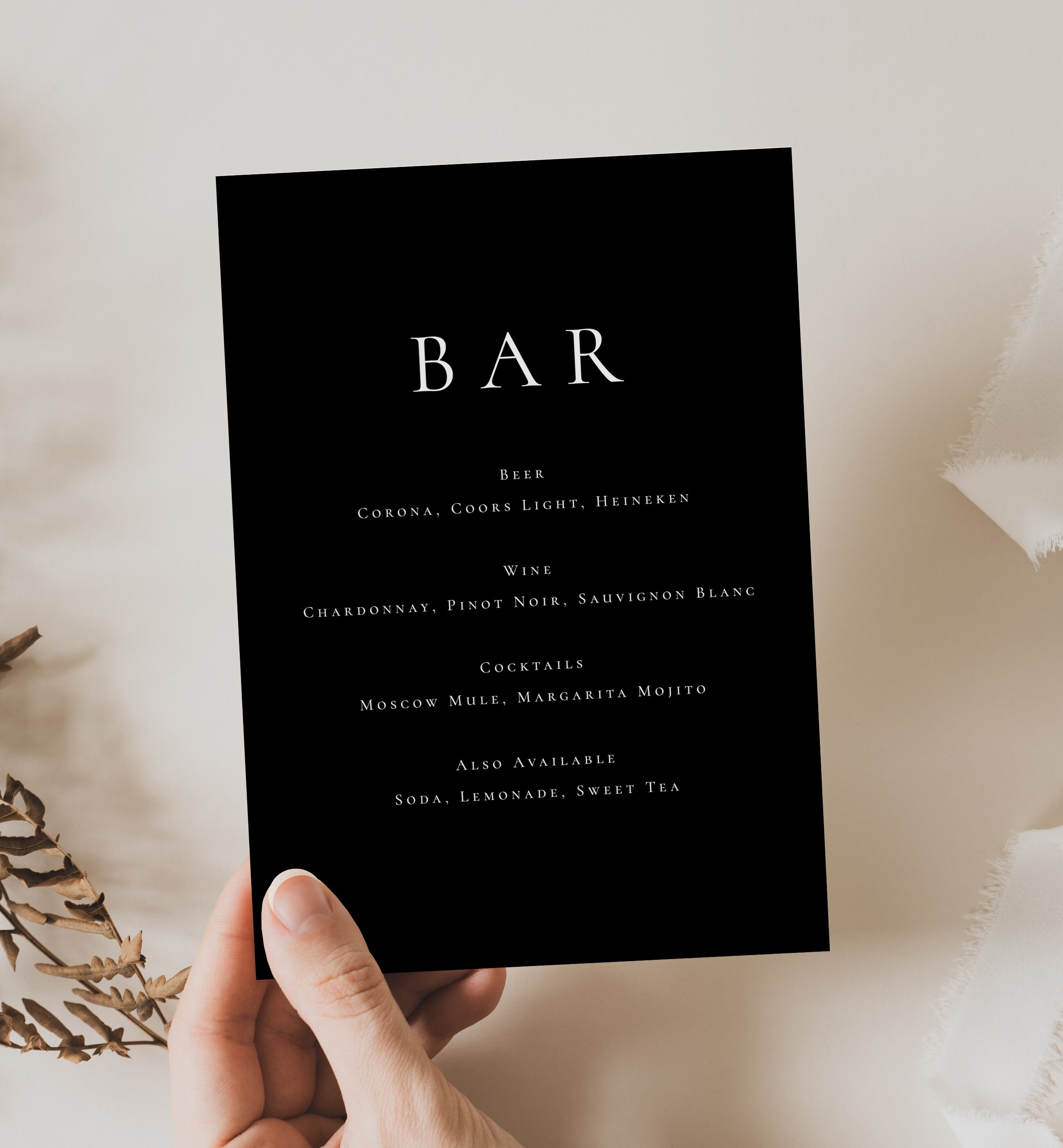 Black Wedding Bar Menu Sign, Printable Bar Menu Template, Modern Bar ...