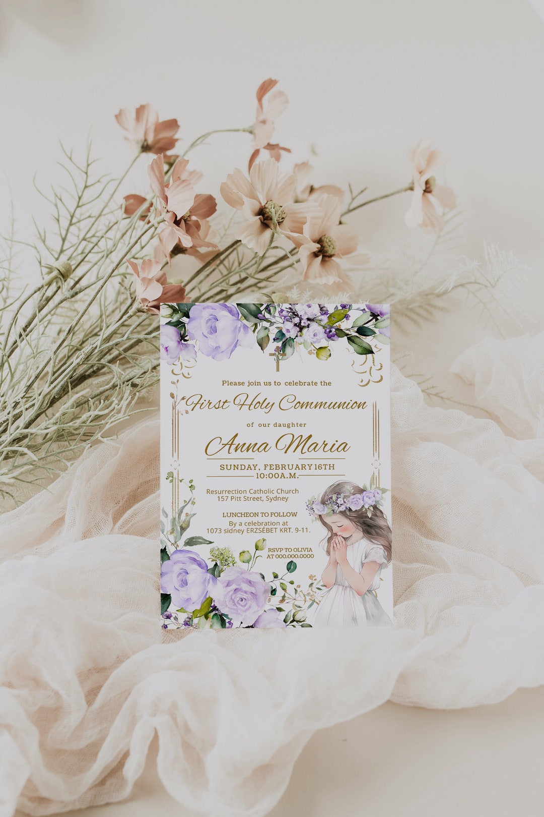 Purple Flowers 1st Holy Communion Invite Template, Girl First Holy ...