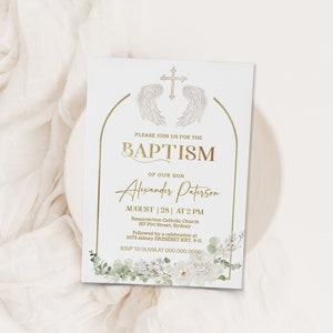Angel Baptism Invitation Template, Elegant Gold Baptism Invite ...