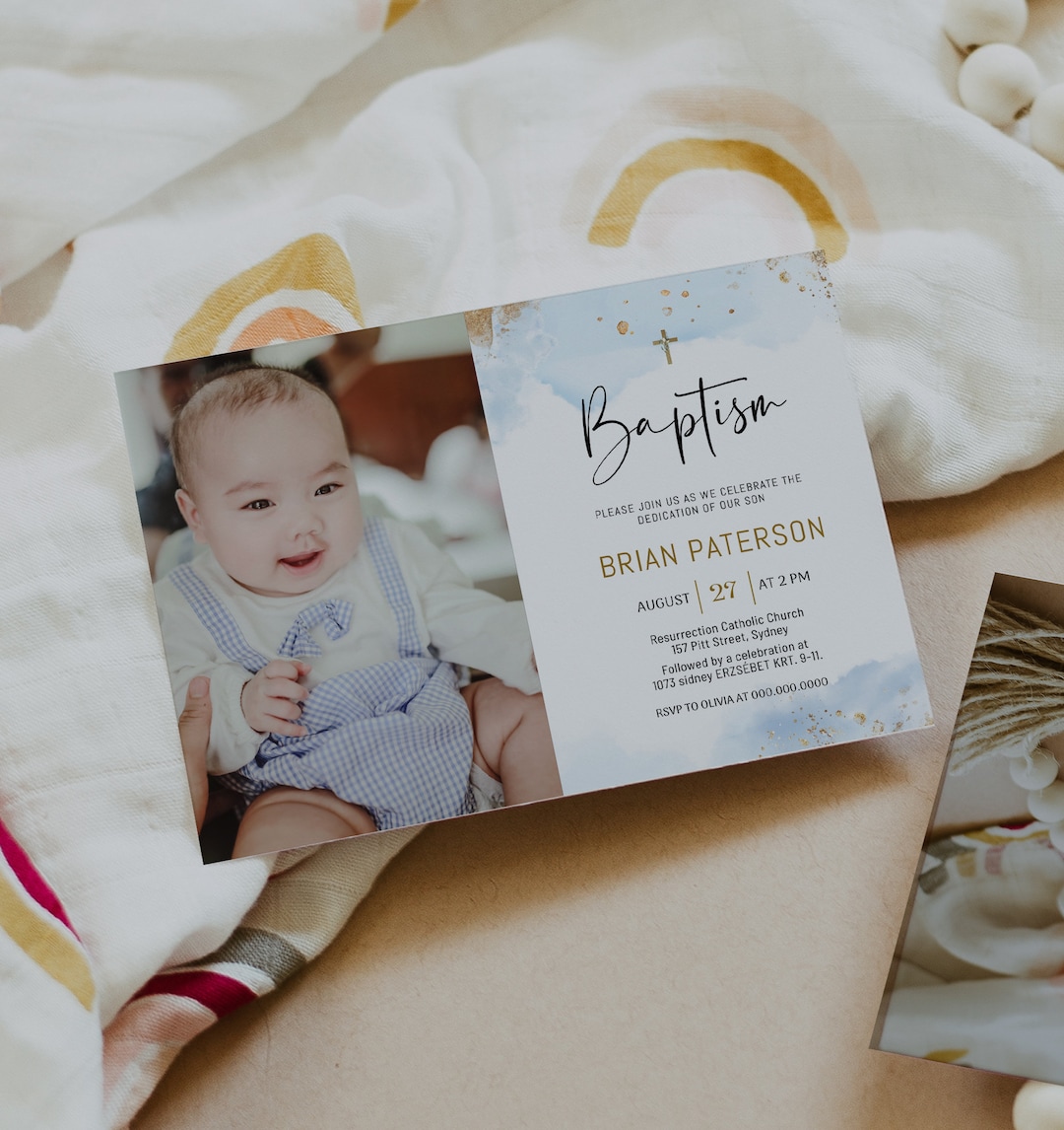 Blue Gold Baptism Invitation, Photo Baptism Invitation, Editable ...