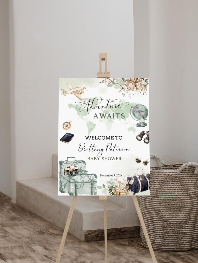 Sage Green Travel Welcome Sign, World Map Baby Shower Decor, Adventure ...