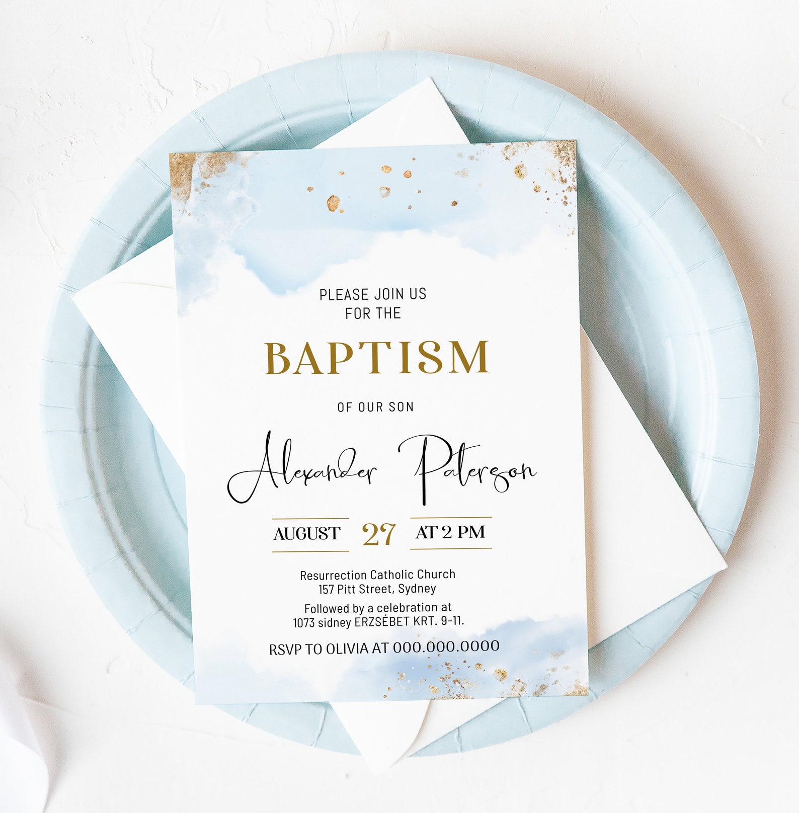 Blue Gold Baptism Invitation Template Christening Invitation | Etsy