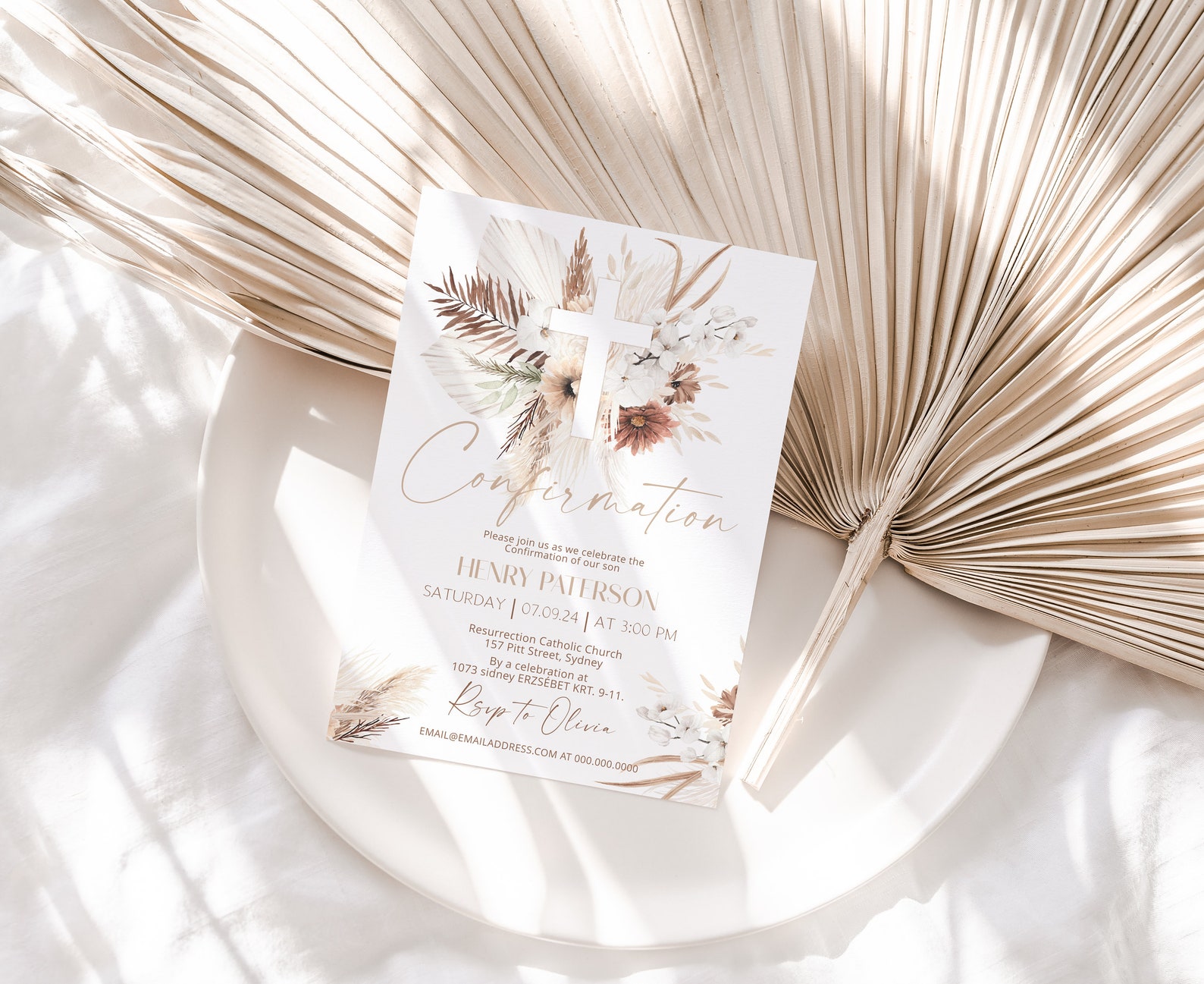 Confirmation Invitation Templat, Beige Boho Baptism Invite, Christening ...