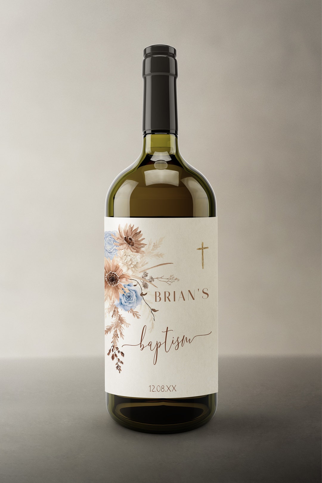 Blue Boho Baptism Wine Labels Template, Editable Christening Wine ...