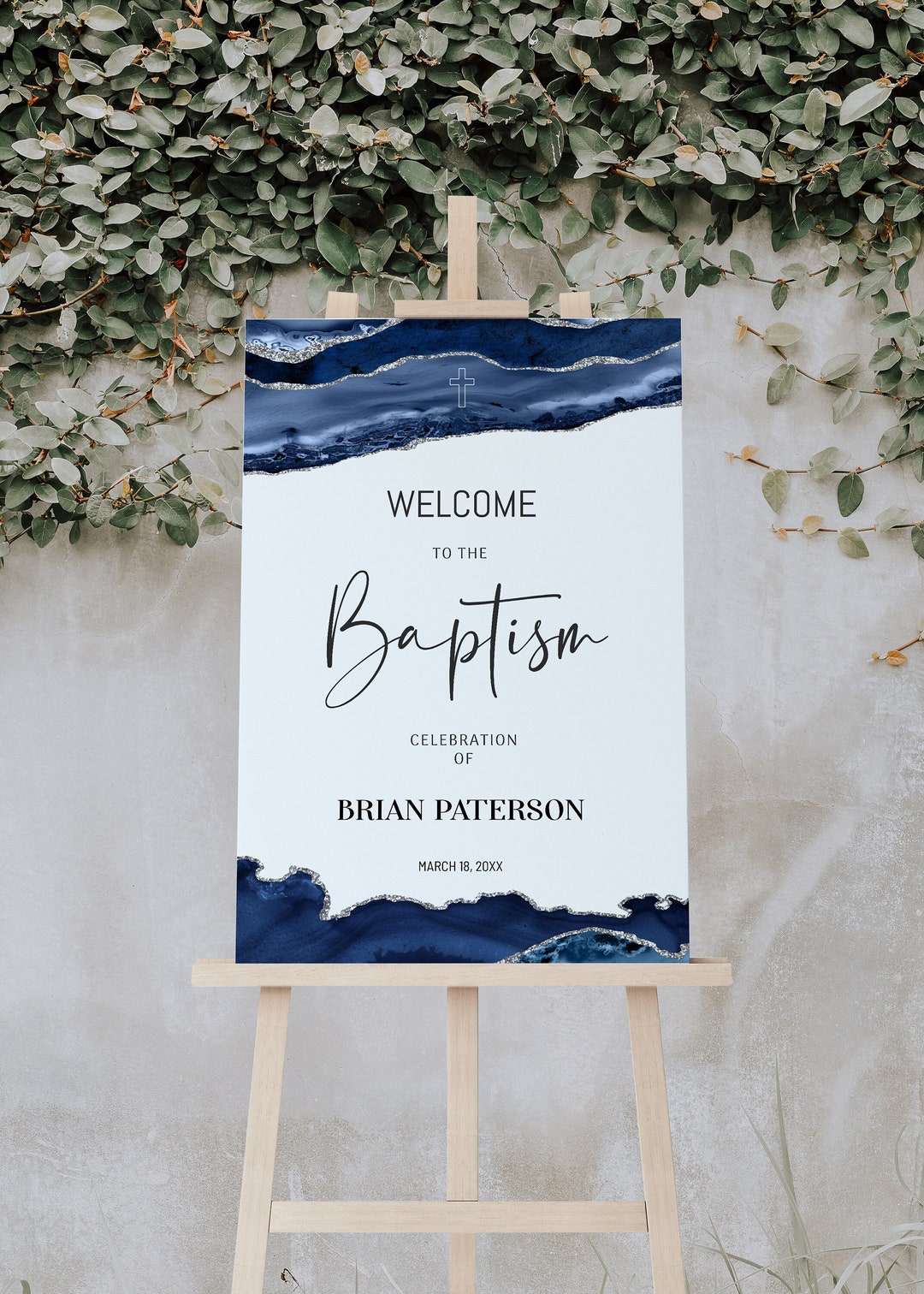Blue Silver Baptism Welcome Sign Template, Editable Christening Welcome ...