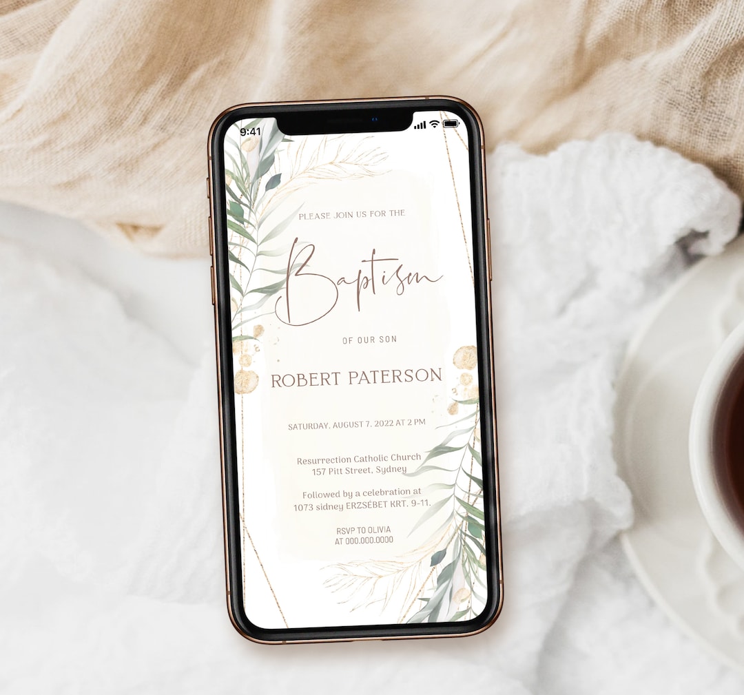 Digital Baptism Invitation Template, Green Gold Baptism Invite ...