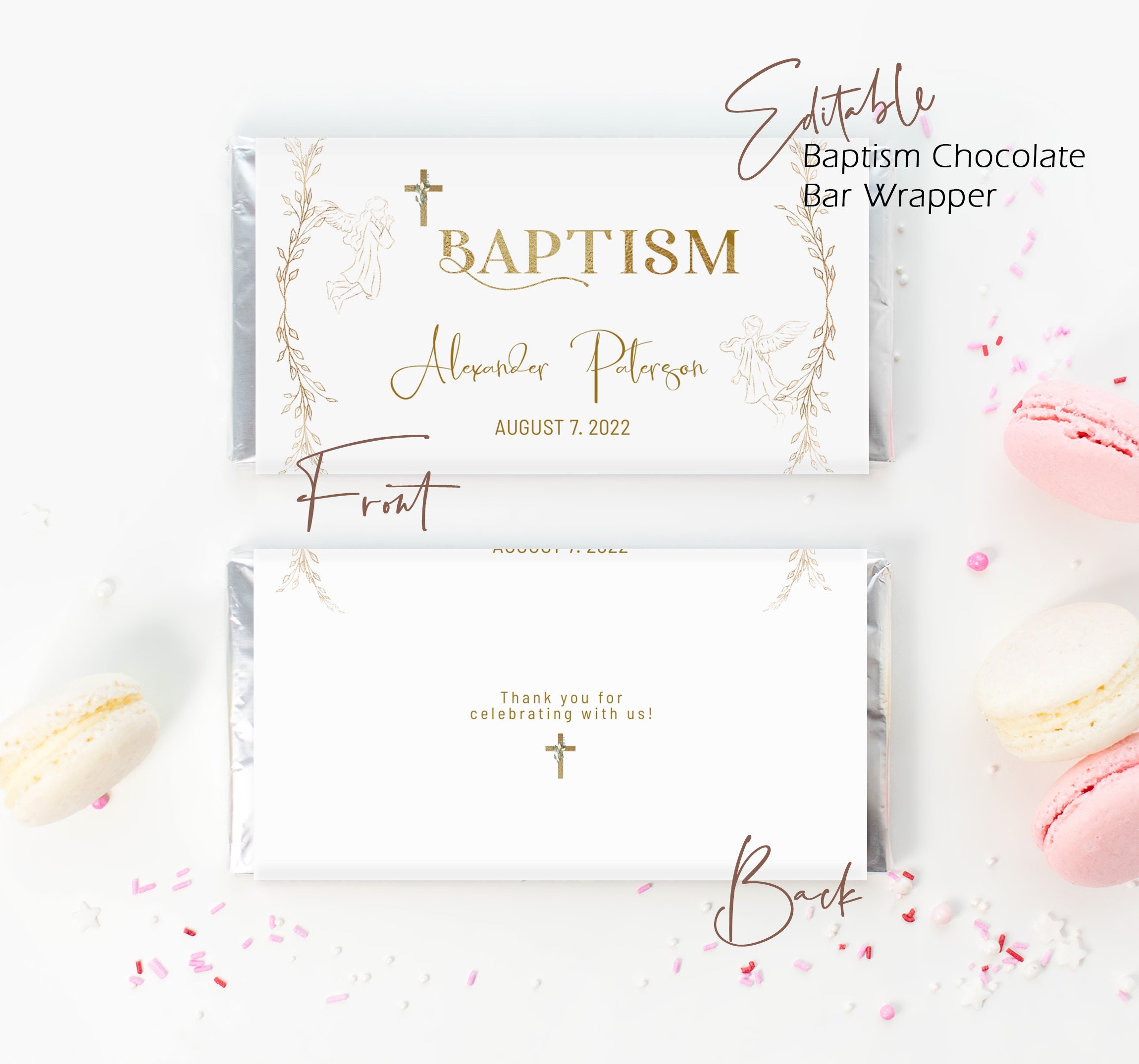 Angel Gold Baptism Chocolate Bar Wrapper Template, Editable Candy Bar ...