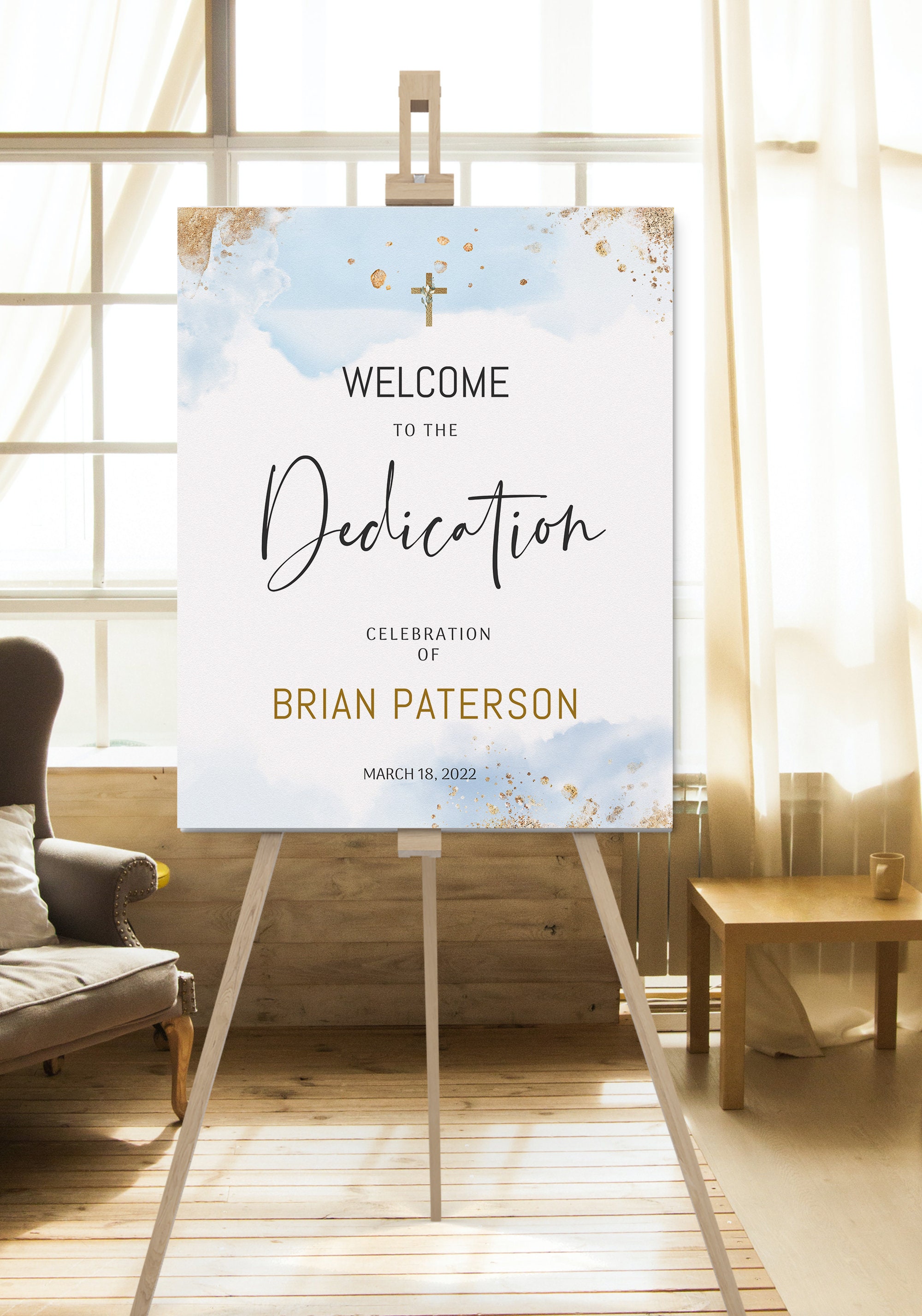 Blue Gold Dedication Welcome Sign Template Printable Light - Etsy