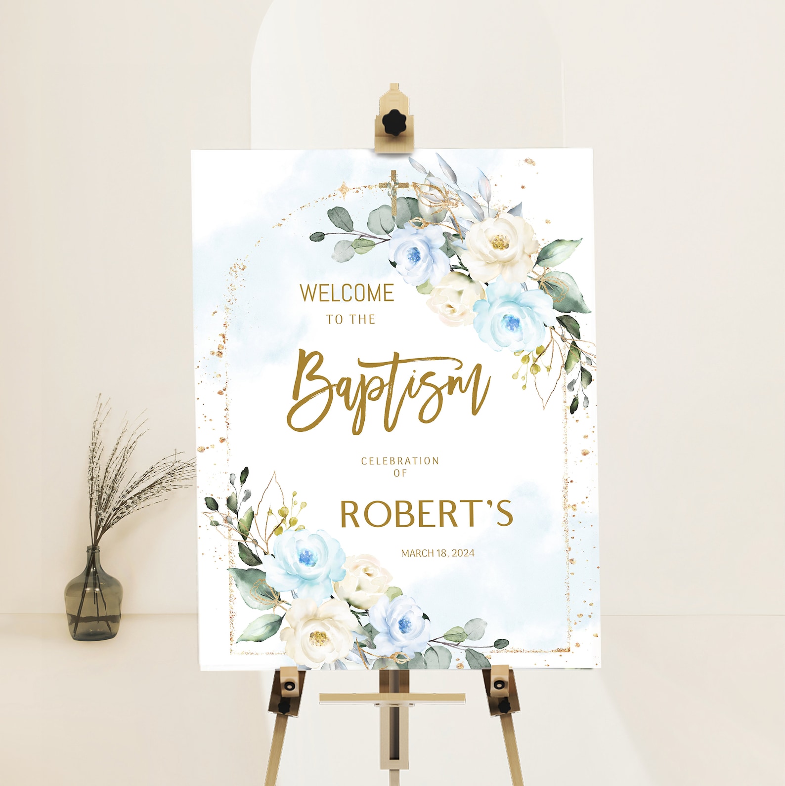 Blue Floral Baptism Welcome Sign Template, Editable Christening Welcome ...