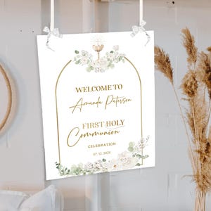 Floral First Holy Communion Welcome Sign Template, Christening Welcome ...