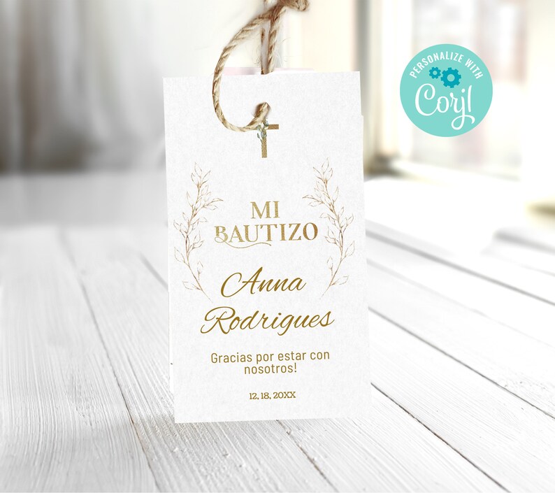 Mi Bautizo Thank You Tags Template, Spanish Favor Tag Gold Elegant ...