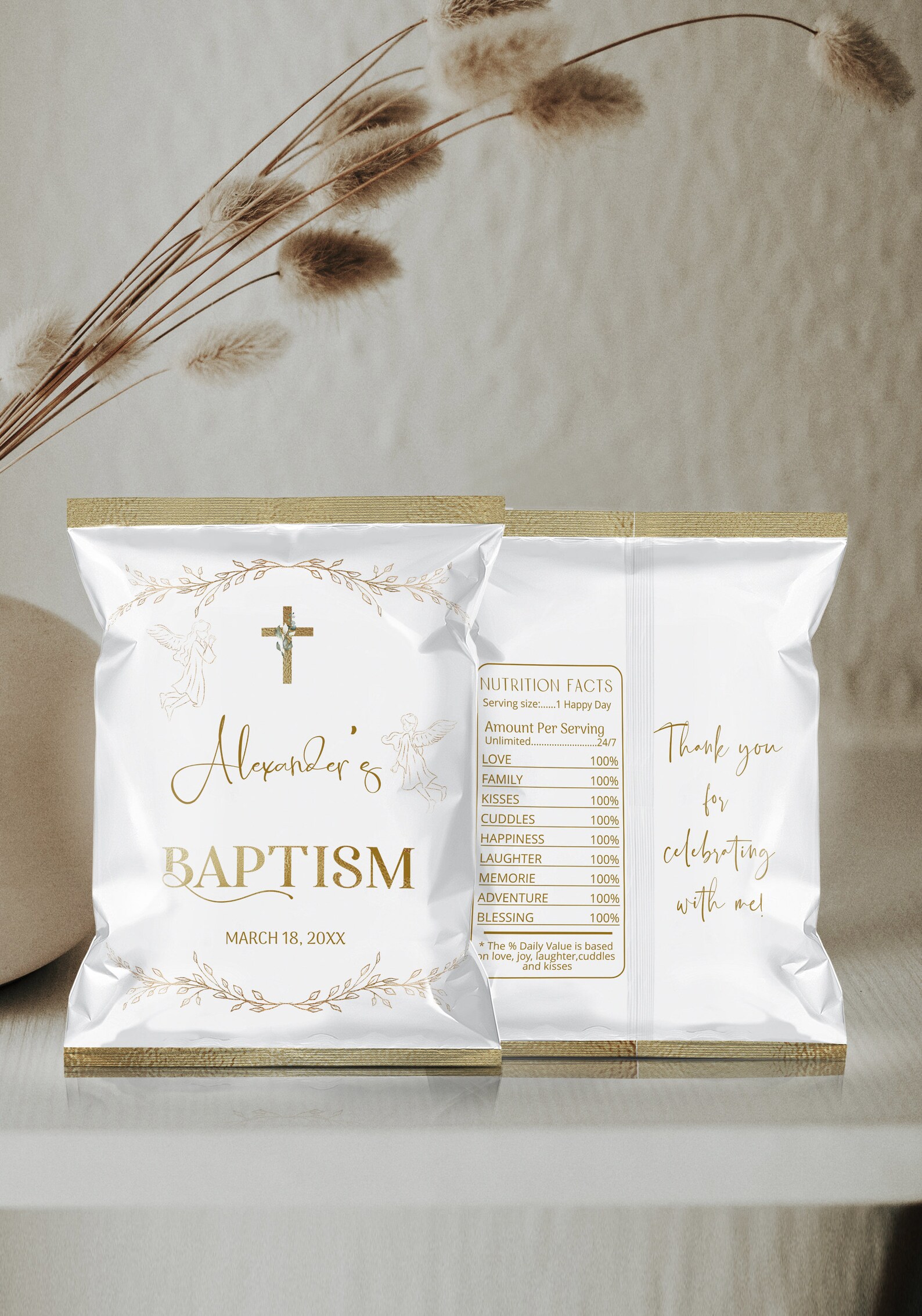 Gold Baptism Chip Bag Template, Editable Elegant Baptism Christening ...