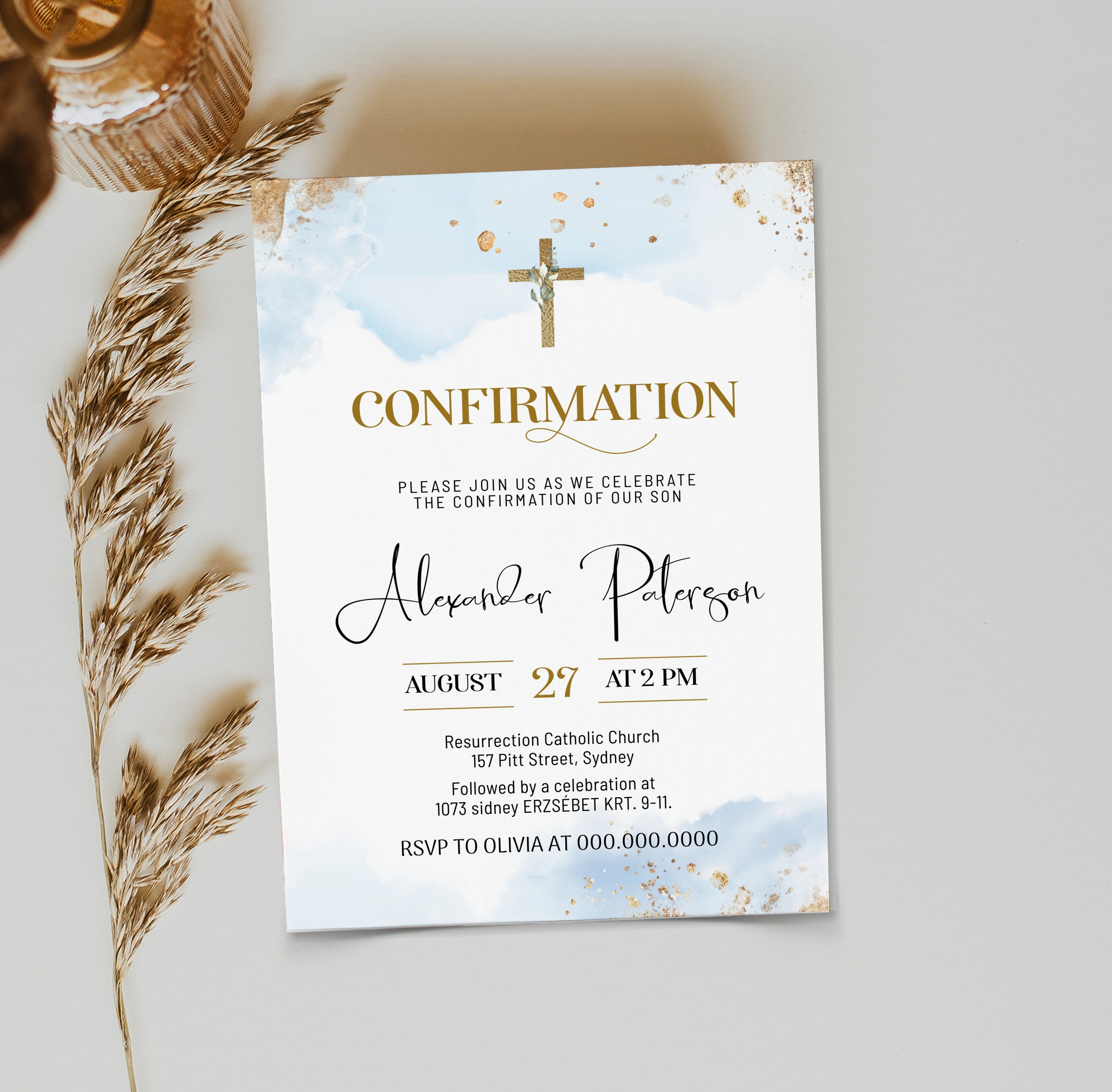 Boy Confirmation Invitation Templat, Blue Gold Baptism Invite ...