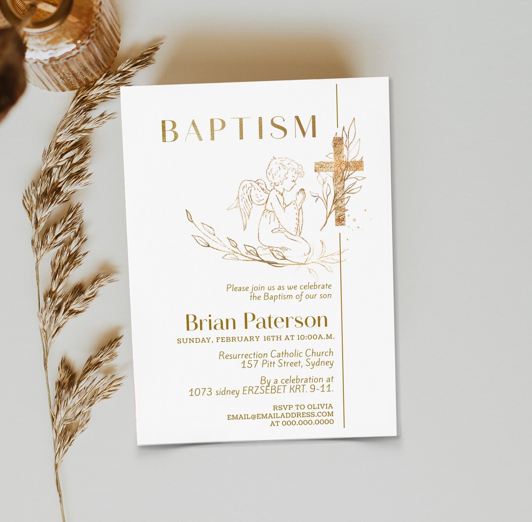 Angel Baptism Invitation Template, Gold Angel Christening Invite, Gold ...