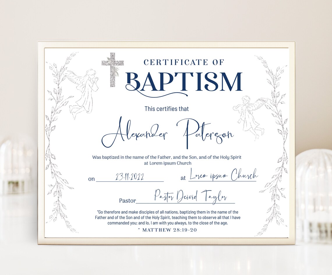 Silver Baptism Certificate Template, Printable Custom Certificate of ...