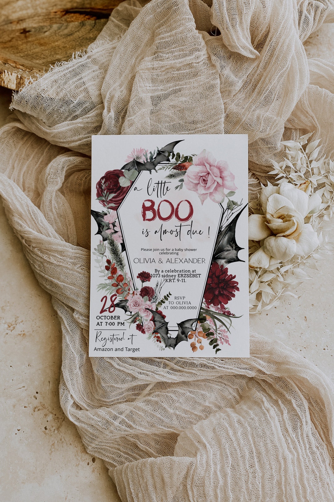 A Little Boo is Almost Due Invitation, Deditable Burgundy Baby Shower ...