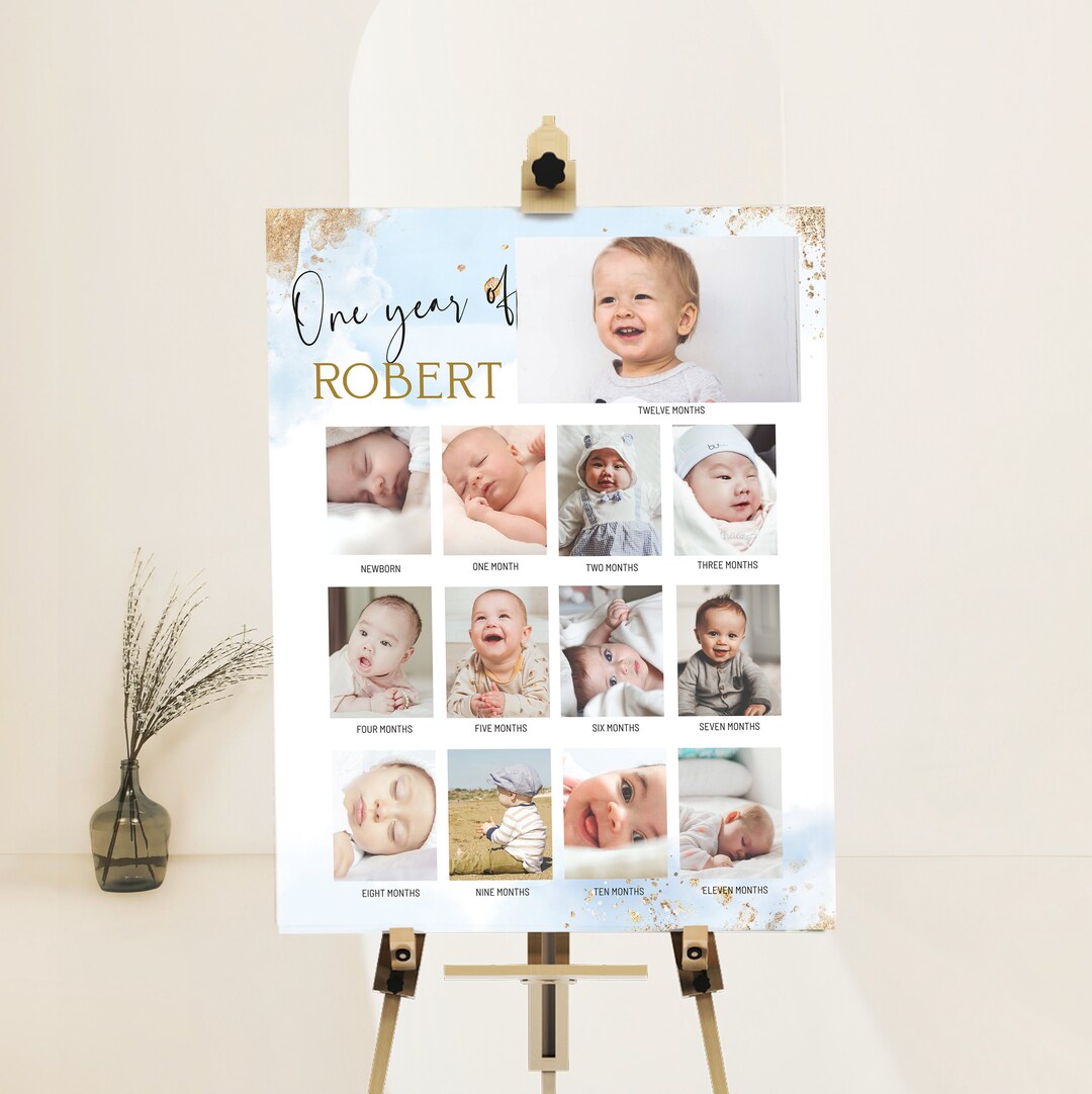 Blue First Year Photo Collage, Baby's First Year Photo Poster Template ...