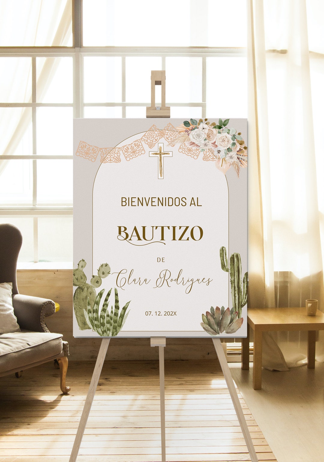 Bienvenidos Al Bautizo Sign, Mexico Theme, Cactus and Flowers Welcome ...