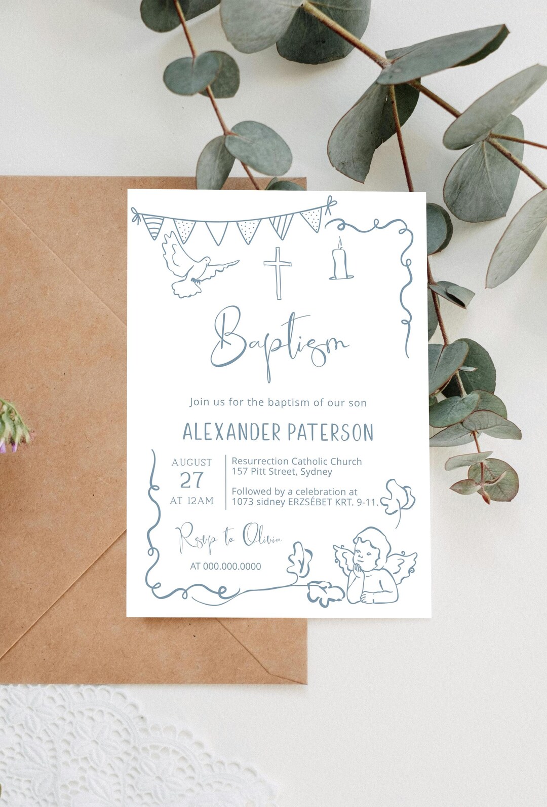 Angel Baptism Invitation Template, Editable Boy Christening Invitation ...