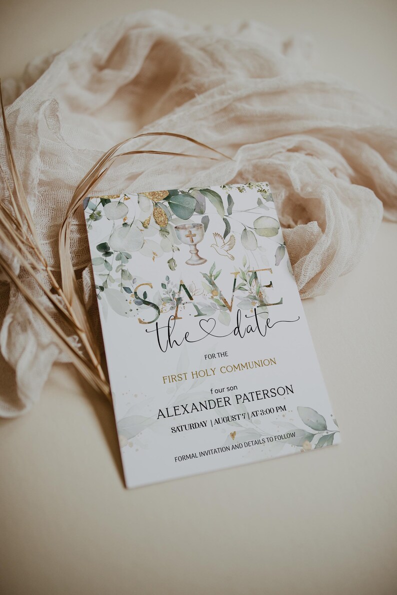 Greenery First Communion Save the Date Template, Catholic Chalice Holy ...