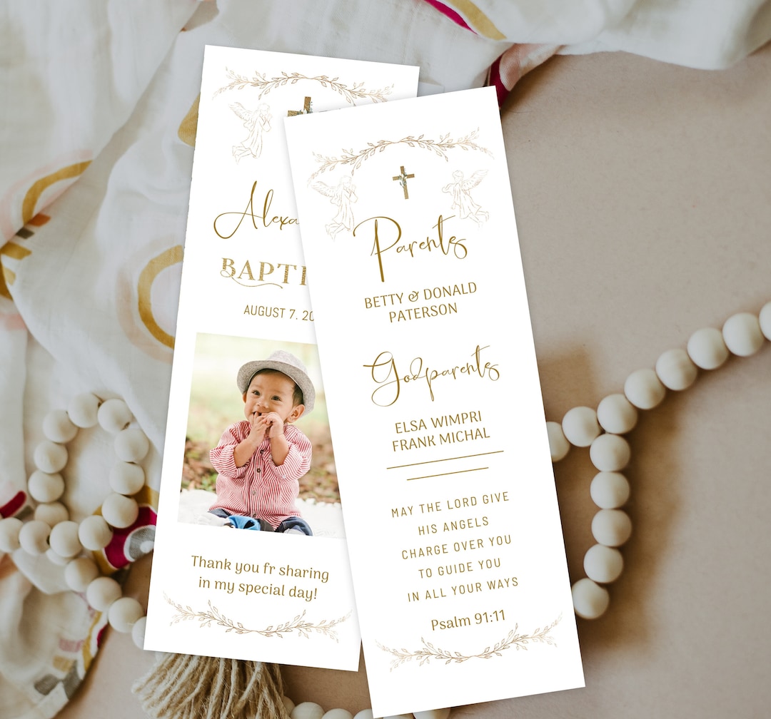 Elegant Gold Baptism Bookmark With Photo, Baptism Bookmark Favor ...