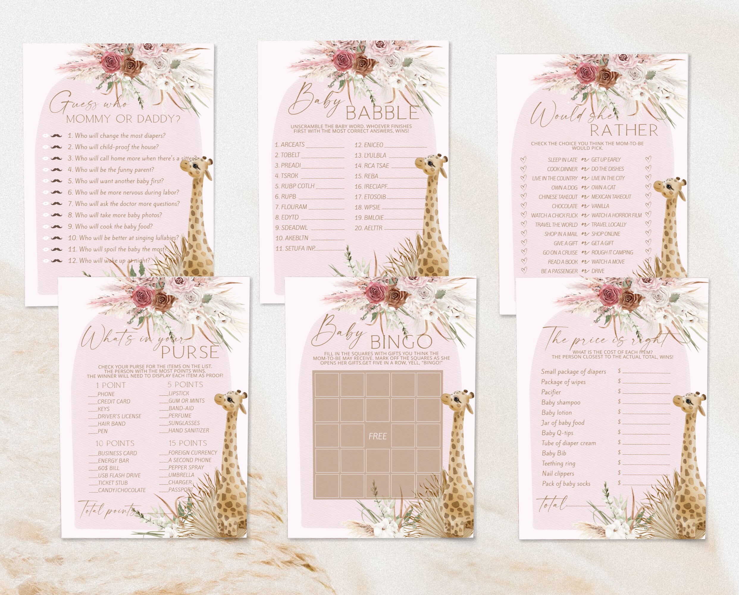 Pink Boho Giraffe Baby Shower Games Bundle Template, Safari Baby Shower ...