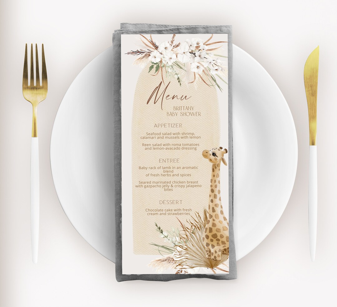 Boho Giraffe Menu Template, Boho Safari Menu Card, Printable Gender ...