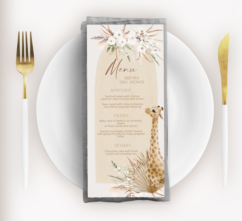 Boho Giraffe Menu Template, Boho Safari Menu Card, Printable Gender ...