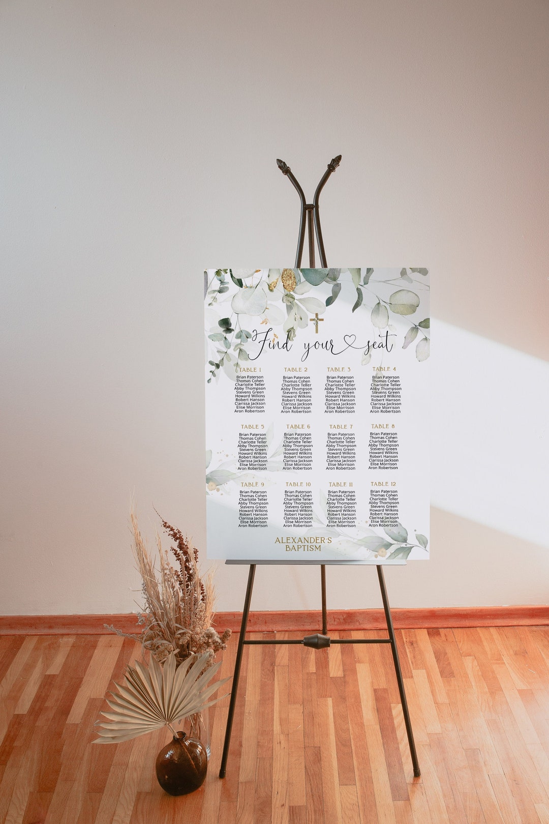 Eucalyptus Seating Chart Template, Find Your Seat Sign Greenery Baptism ...