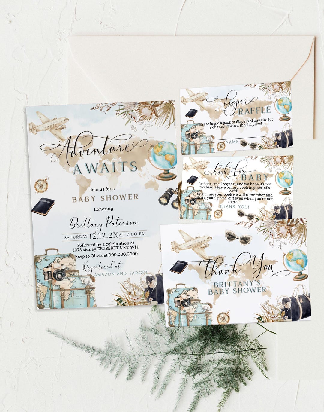Adventure Awaits Baby Shower Invitation Set Template, World Map Baby ...
