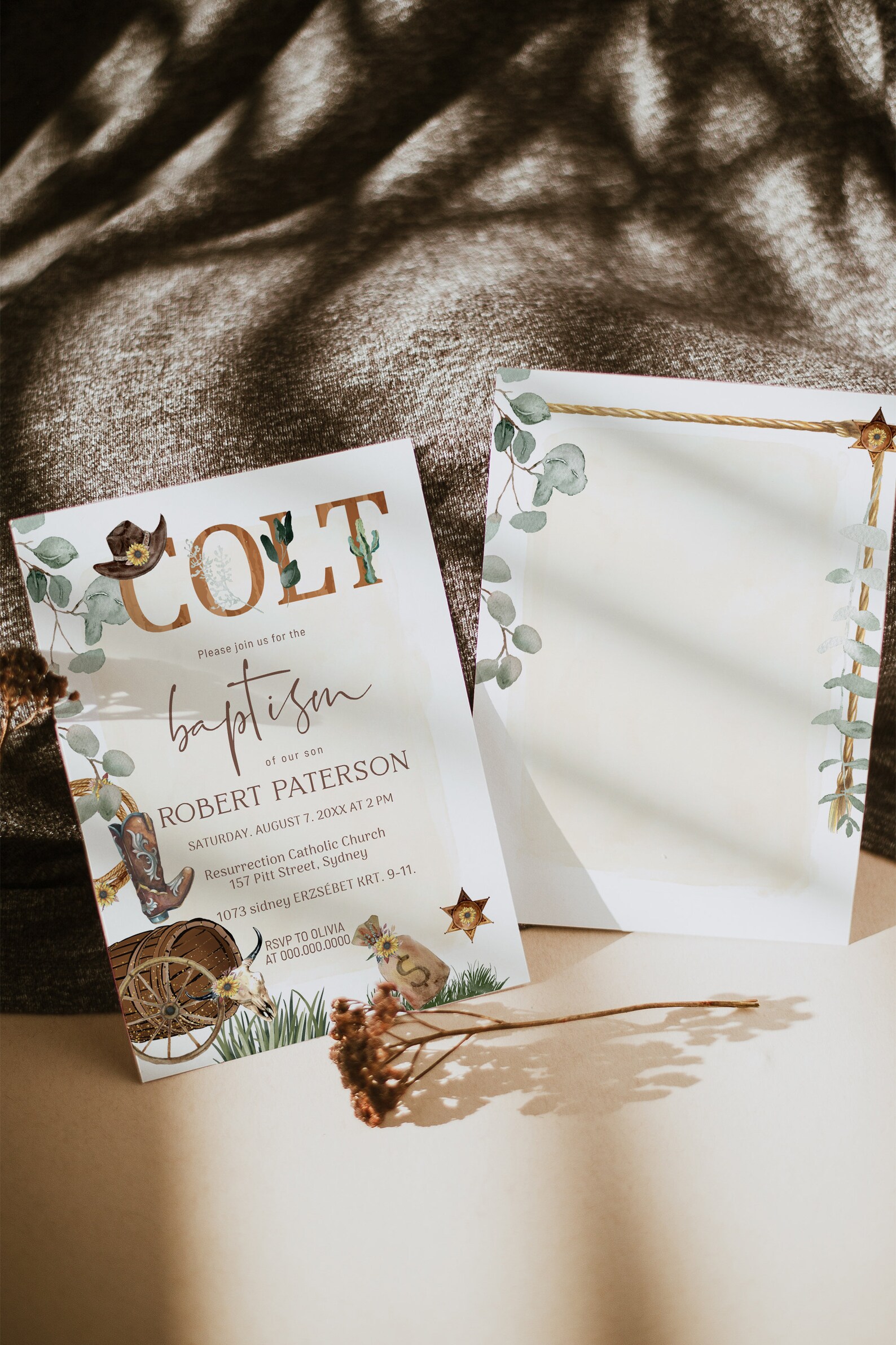 Cowboy Baptism Invitation Template, Boy Boho Baptism Invites, Cowboy ...