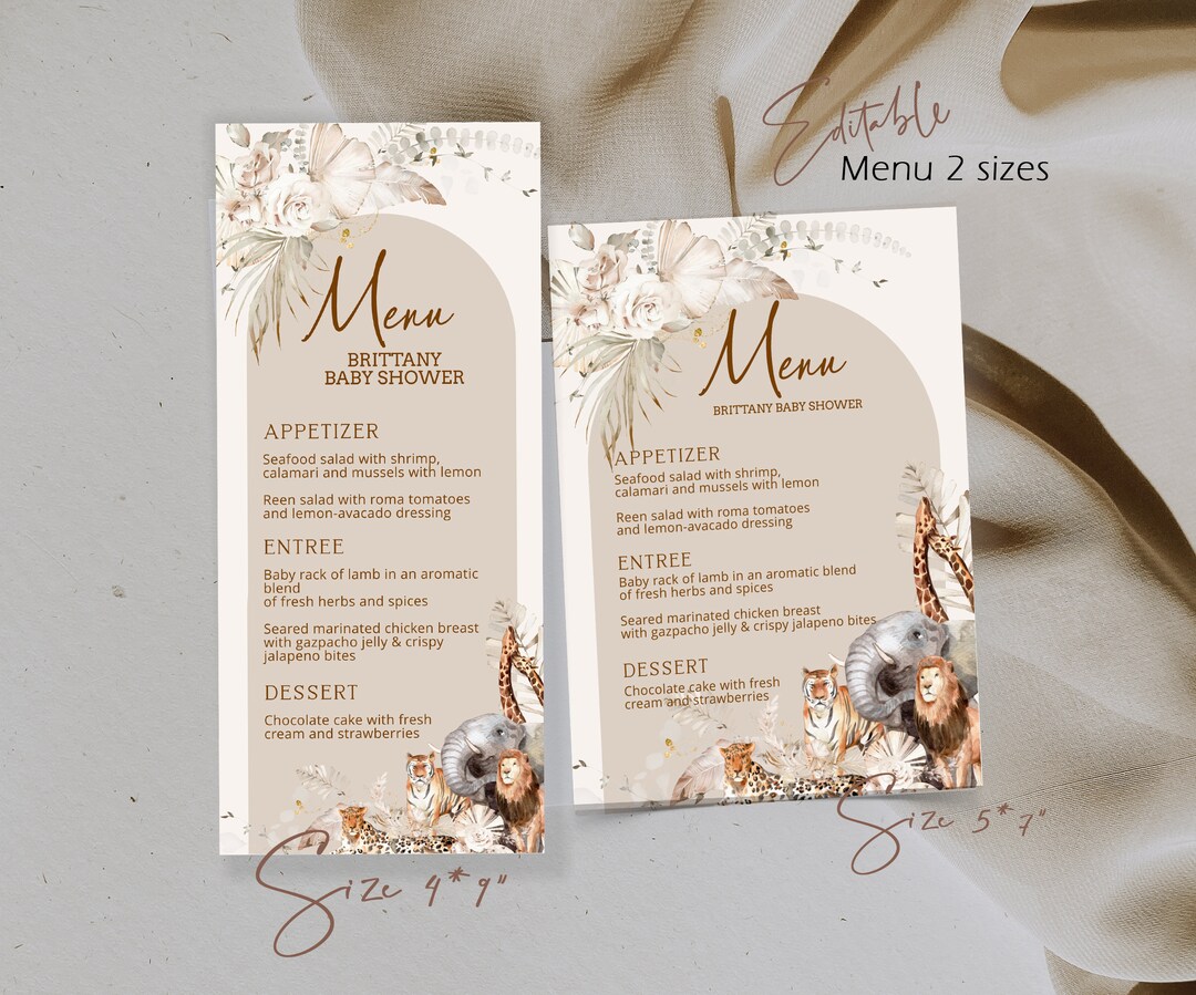 Boho Jungle Animal Menu Template, Boho Safari Menu Card, Printable Baby ...