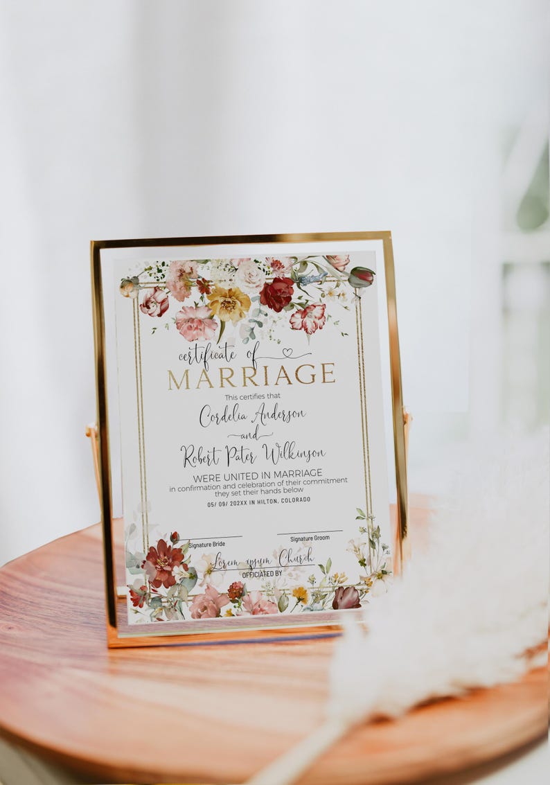 Boho Floral Wedding Certificate Template, Editable Marriage Certificate ...