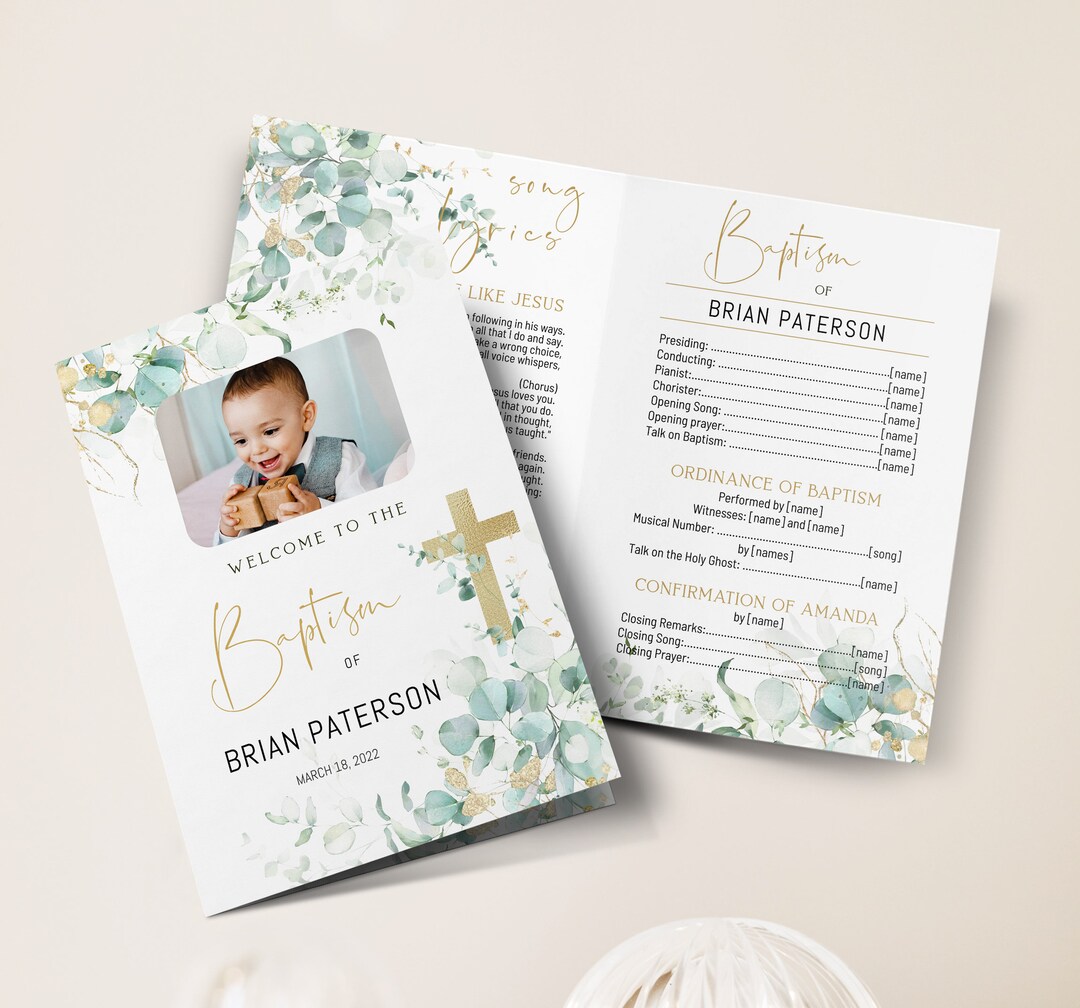 Greenery Eucalyptus LDS Baptism Program With Photo, Editable ...