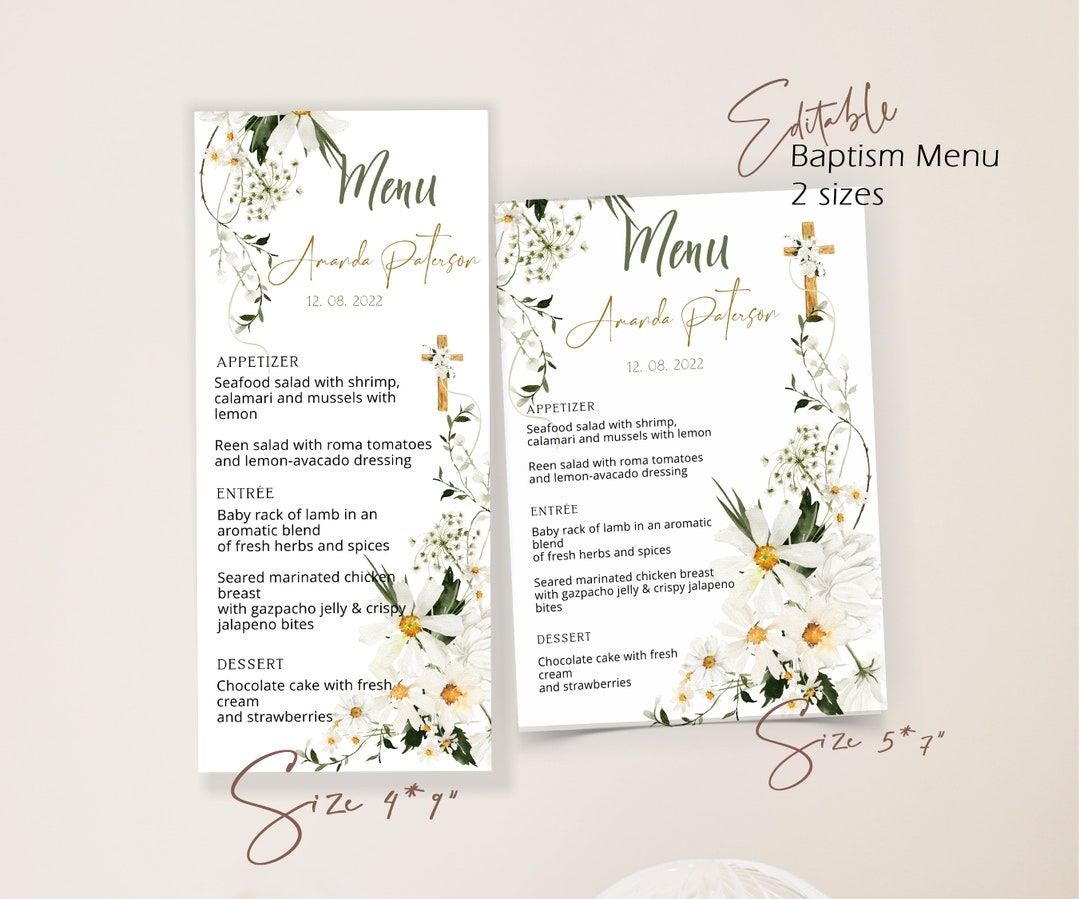 Daisy Menu Template, Wildflower Christening Menu Card, Printable Menu ...