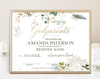 Godparents Certificate Template, Printable Editable Godparents ...
