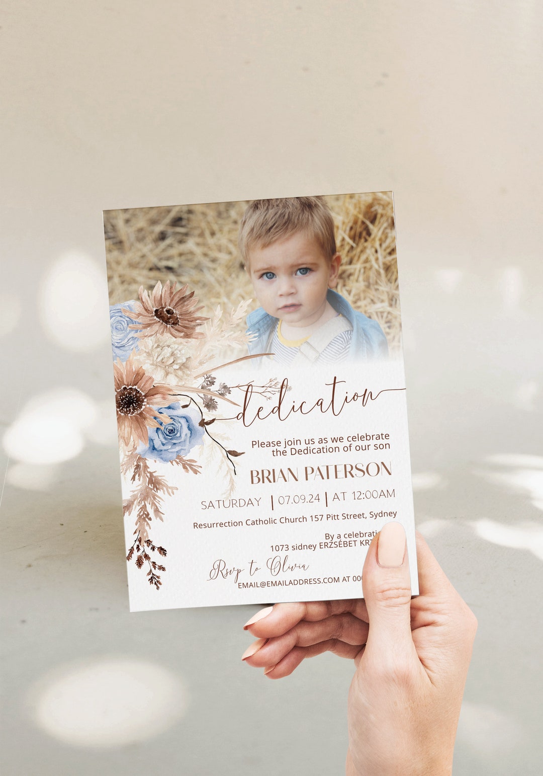 Pampas Photo Dedication Invitation Template, Blue Boho Baptism Invite ...