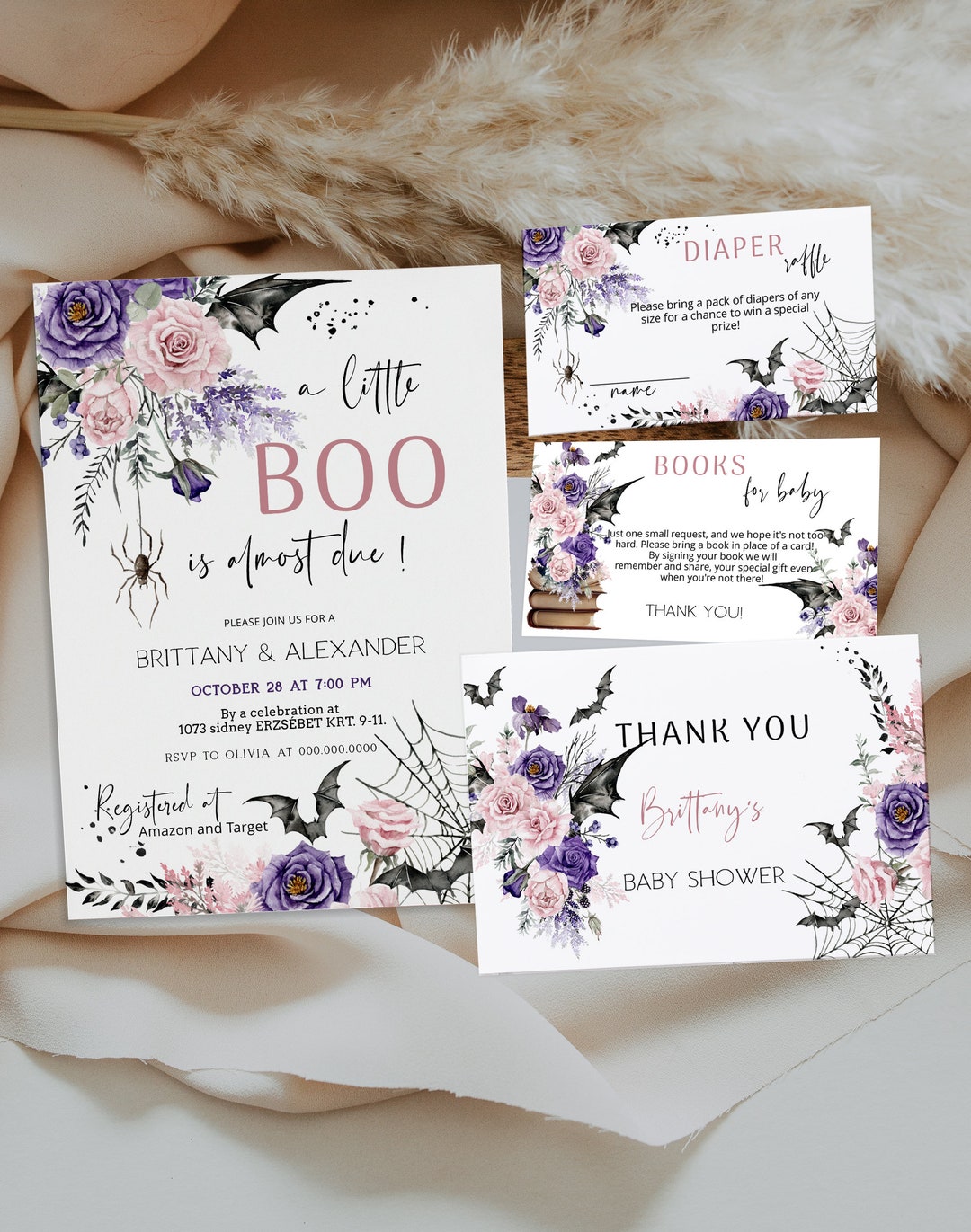 Floral Bats Baby Shower Invitation Bundle, Printable Girl Baby Shower ...